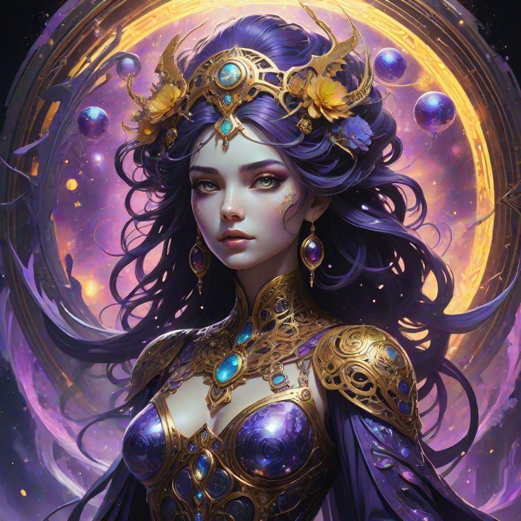 Mystical Goddess of Death in Vibrant Cosmic Realms - AI Art