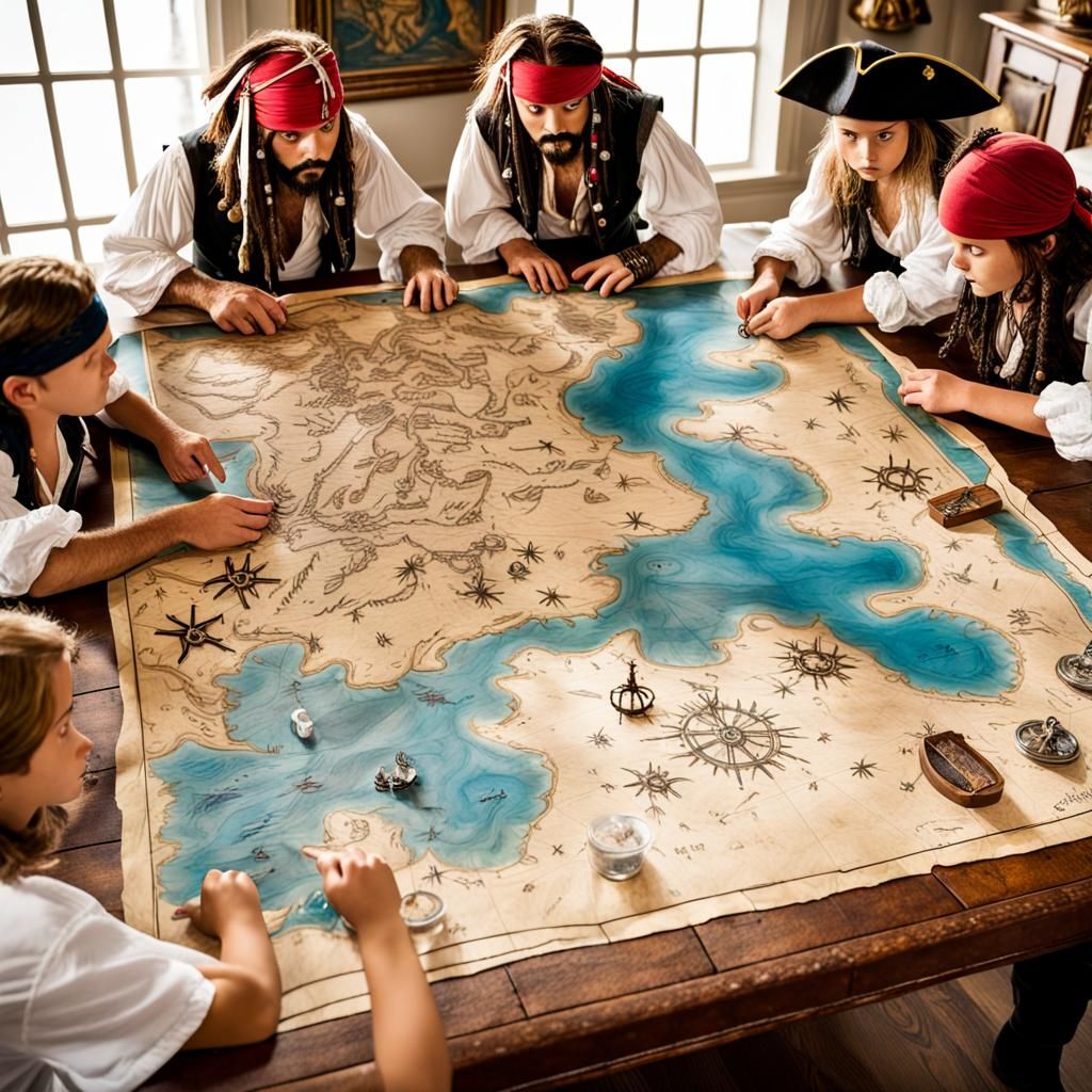 create pirate maps on table with Jack Sparrow and his assistants around ...