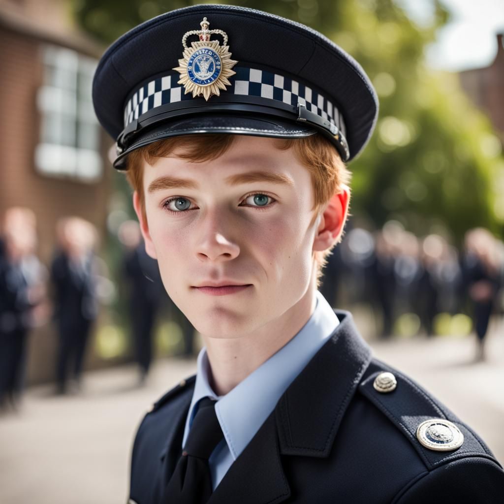 Ginger-haired clean-shaven teenaged boy in British police uniform - AI ...