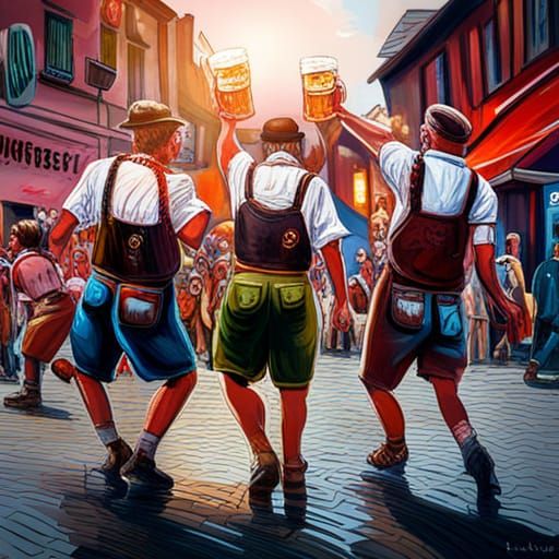 Group of people in lederhosen with beer dancing at oktober fest Germany ...