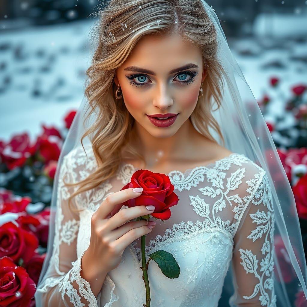 Ethereal Young Bride with Sapphire Eyes Amidst Vib... - AI Art