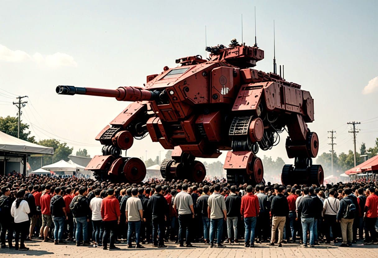 Cyberpunk Red Tank Mech Amidst Bustling City Stree... - AI Art