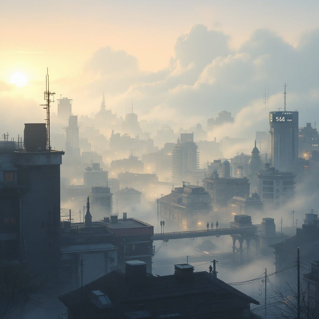 Soft morning light illuminates a serene cityscape at 5:56, with misty ...