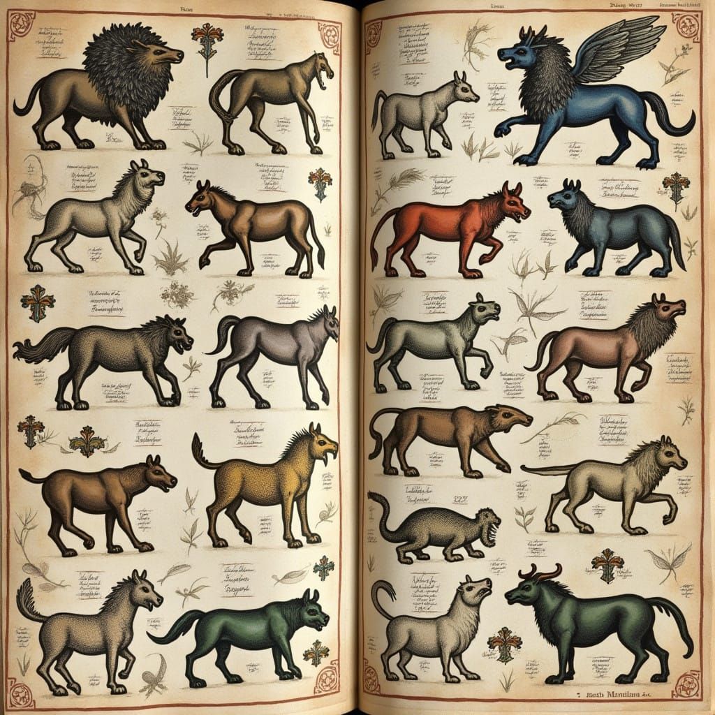 Medieval Bestiary Compendium in Old English Script - AI Art