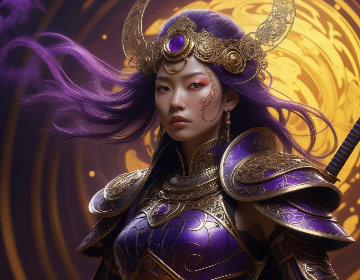 Ethereal Samurai Goddess in Dark Fantasy Armor - AI Art