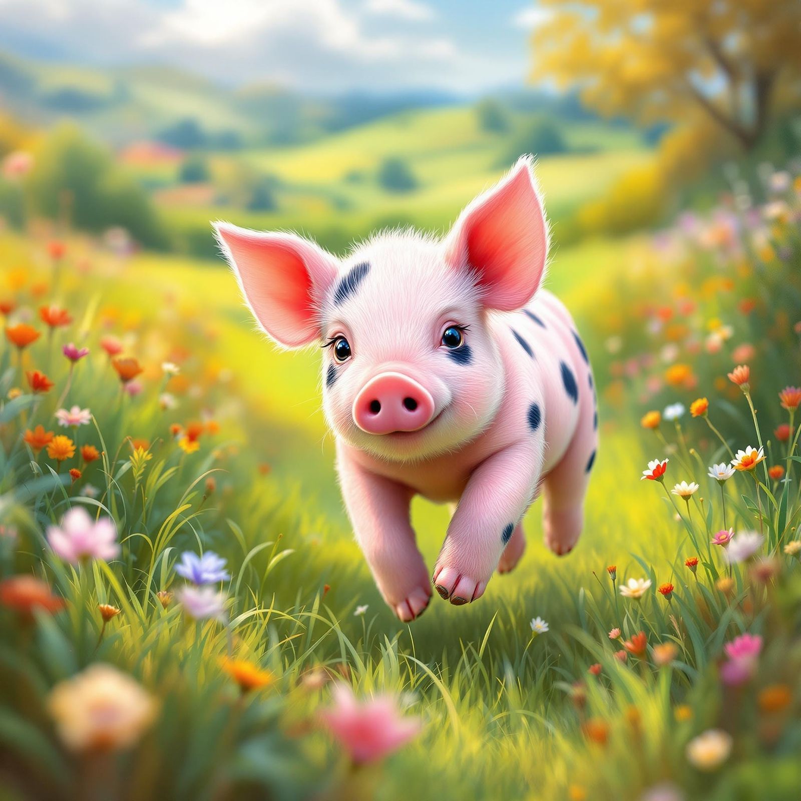 Run Pig Run! - Charming Pink Piglet Runs in Lush Meadow