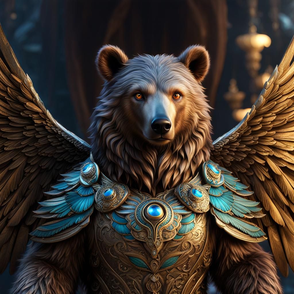 winged bear hybrid, large sparkling eyes, intricate colored fluffy fur ...