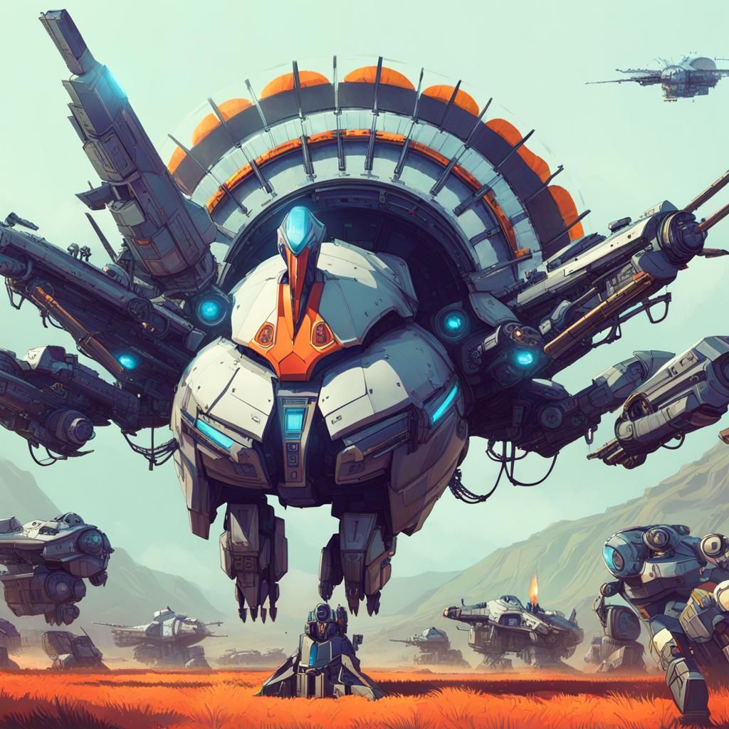 a robotic turkey, robot turkey, MechWarrior style. weapons, futuristic ...