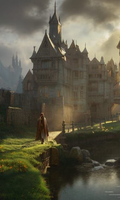 medieval castle, mist, sunrays, dust in the air, dnd character, unreal ...