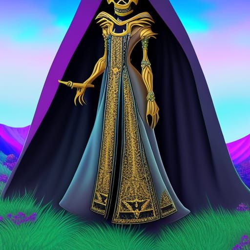 necromancer character, mischievous cartoon face, hooded cloak, skeletal ...