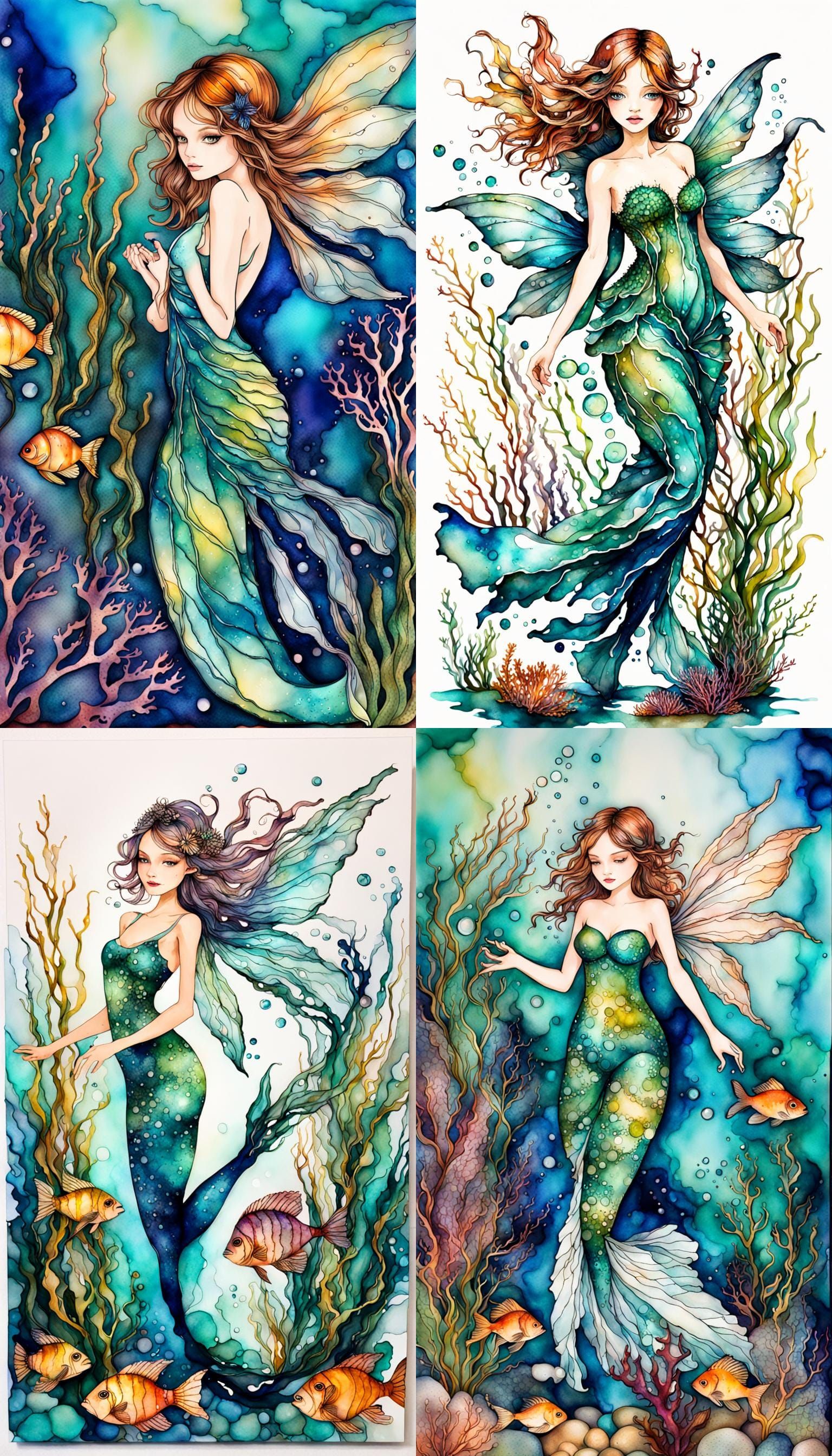 Alcohol ink. Ocean fairy. Swimming undersea with fish. Sea plants on ...