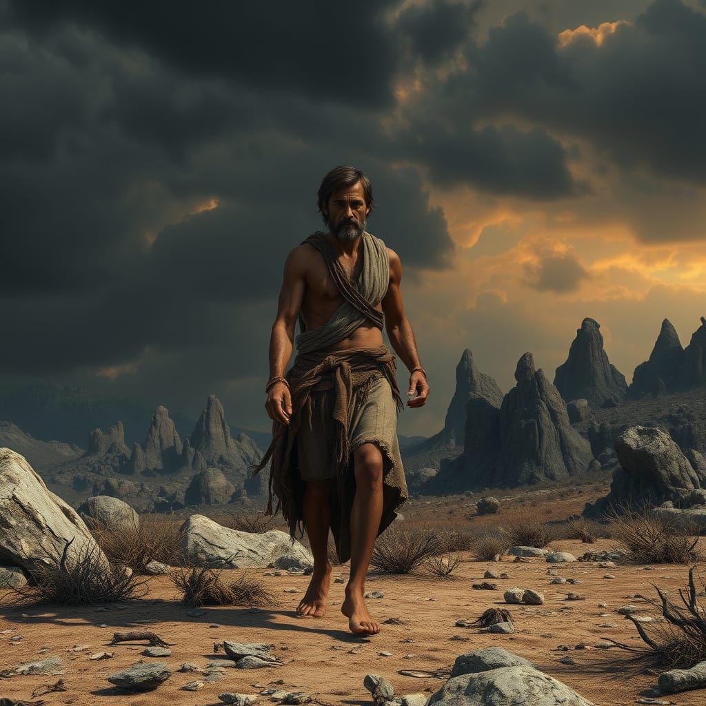 Weary Wanderer in Desolate Expanse, Inspired by Be... - AI Art