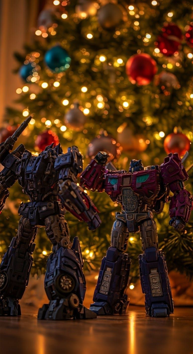 Cyberpunk Transformers Engage in Christmas Battle - AI Art