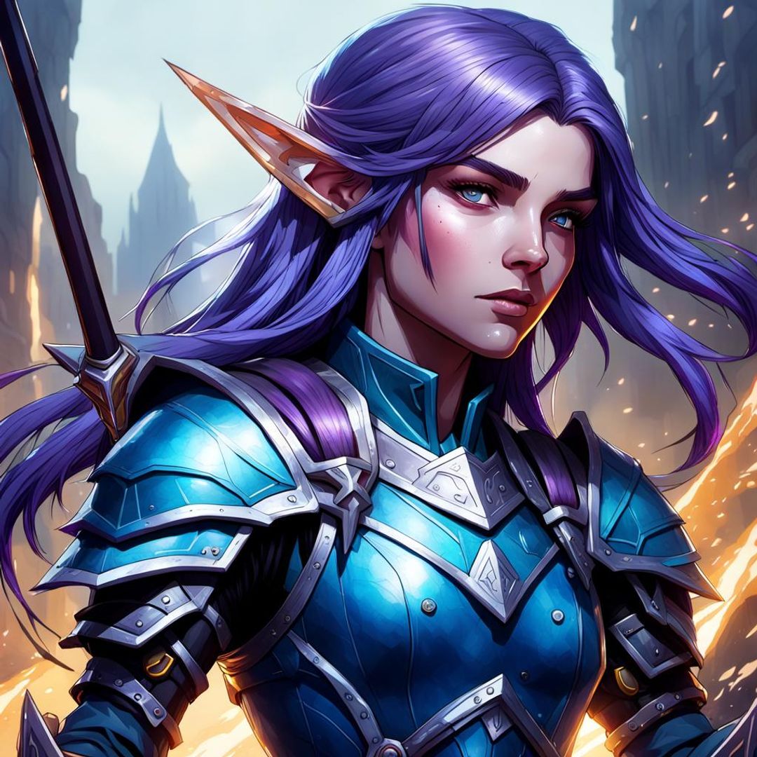 A female Purple Haired Rookie Elf Swordsmaster In Blue elf Armor Mark ...