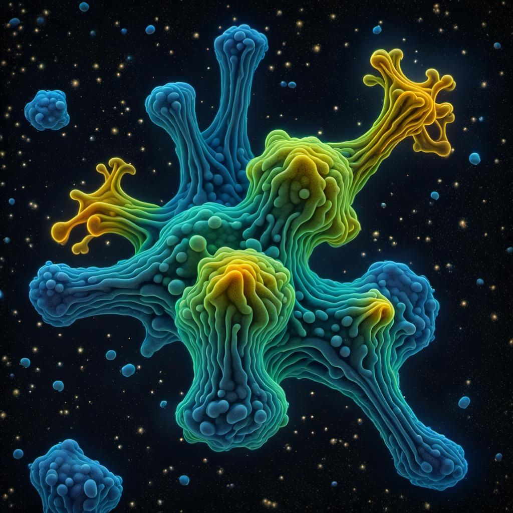 scanning electron microscopy SEM Image of neon colorful Amoebas, night ...