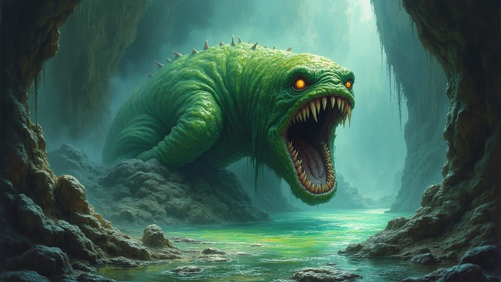A hideous, green, slimy, bloated worm-like monster. It's mouth is full ...