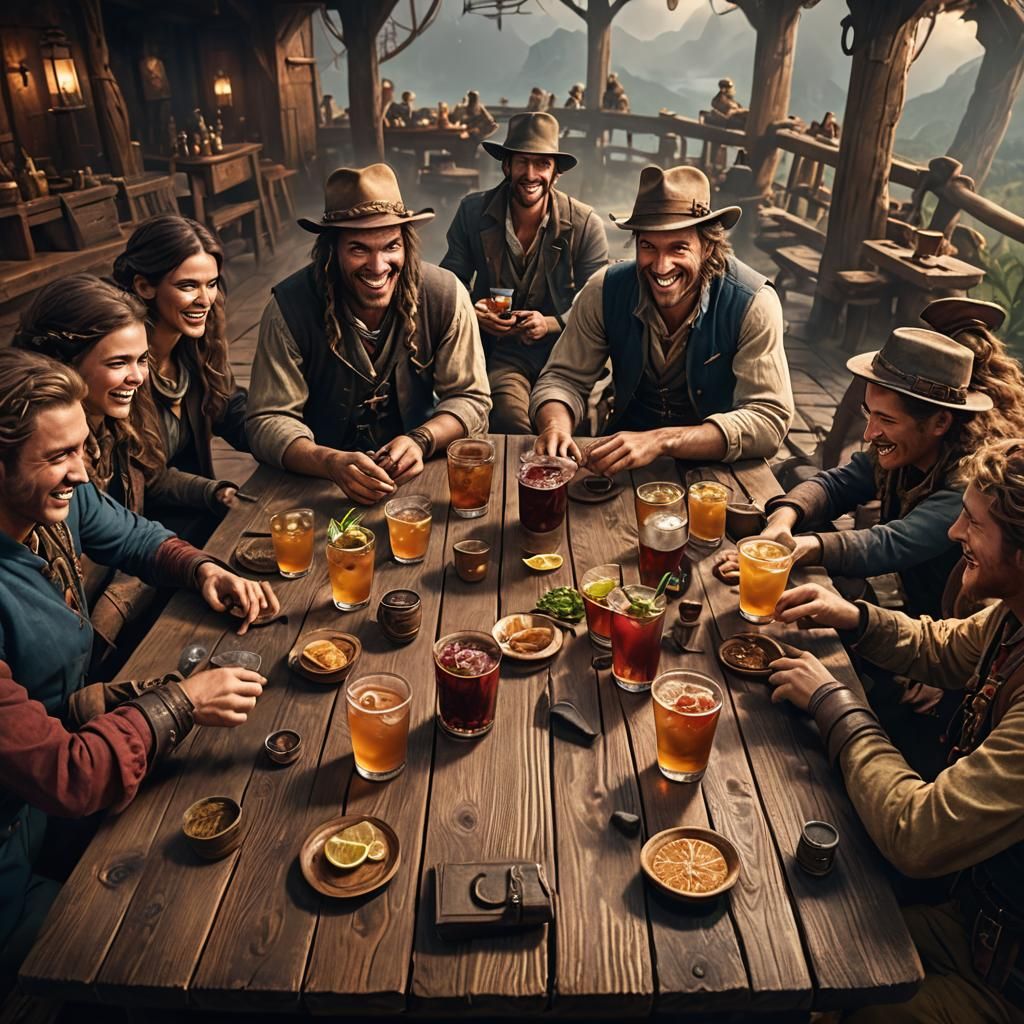 Adventurer group who laught around a wooden table with drinks on it ...