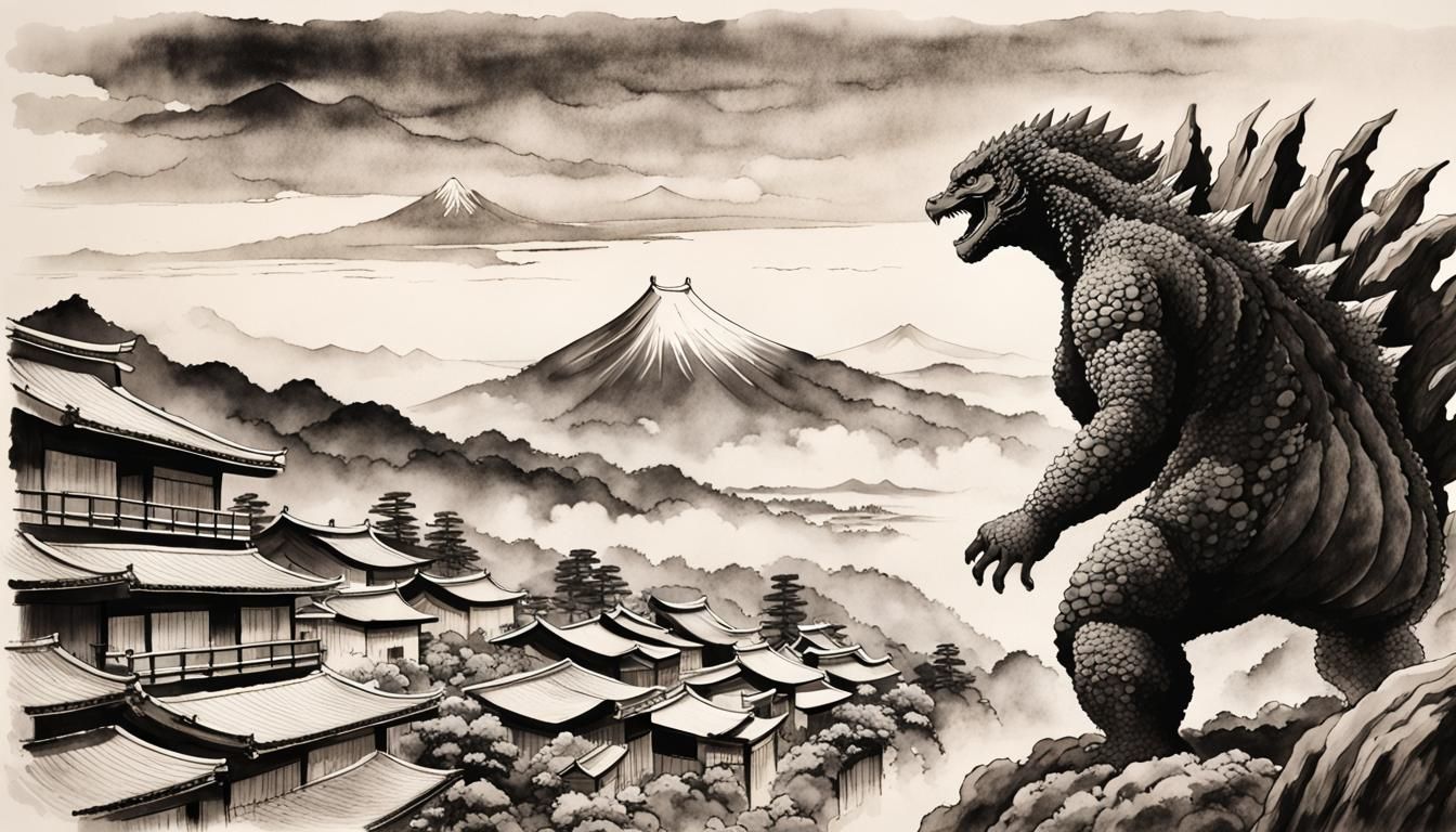 ink wash painting of Godzilla on a casual stroll - AI Generated Artwork ...