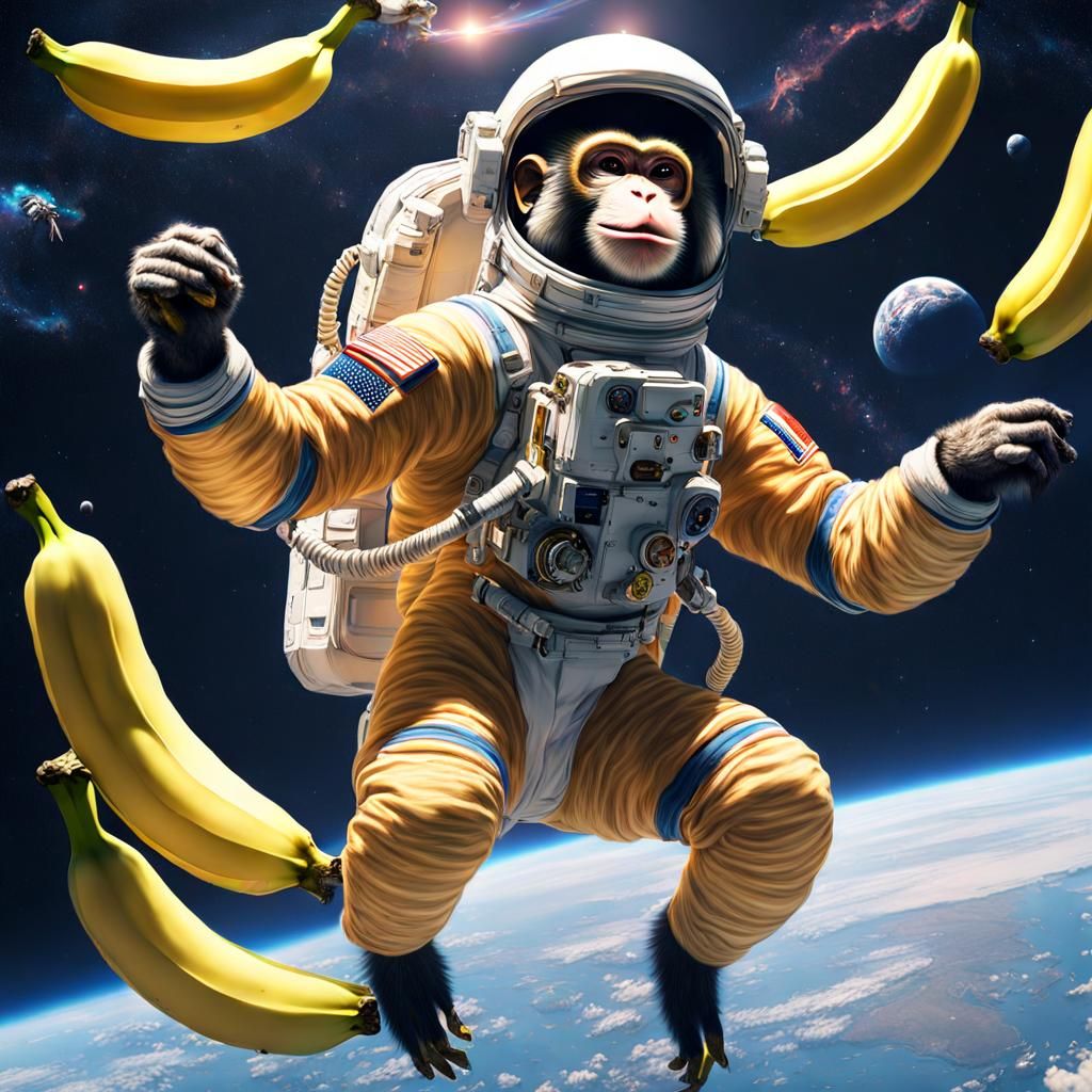 Astronaut monkeys floating through orbit catching bananas, Ukiyo-e ...