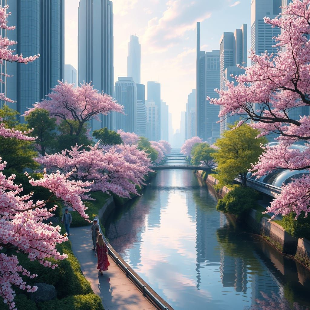 A serene spring landscape - Serene Futuristic Spring Oasis