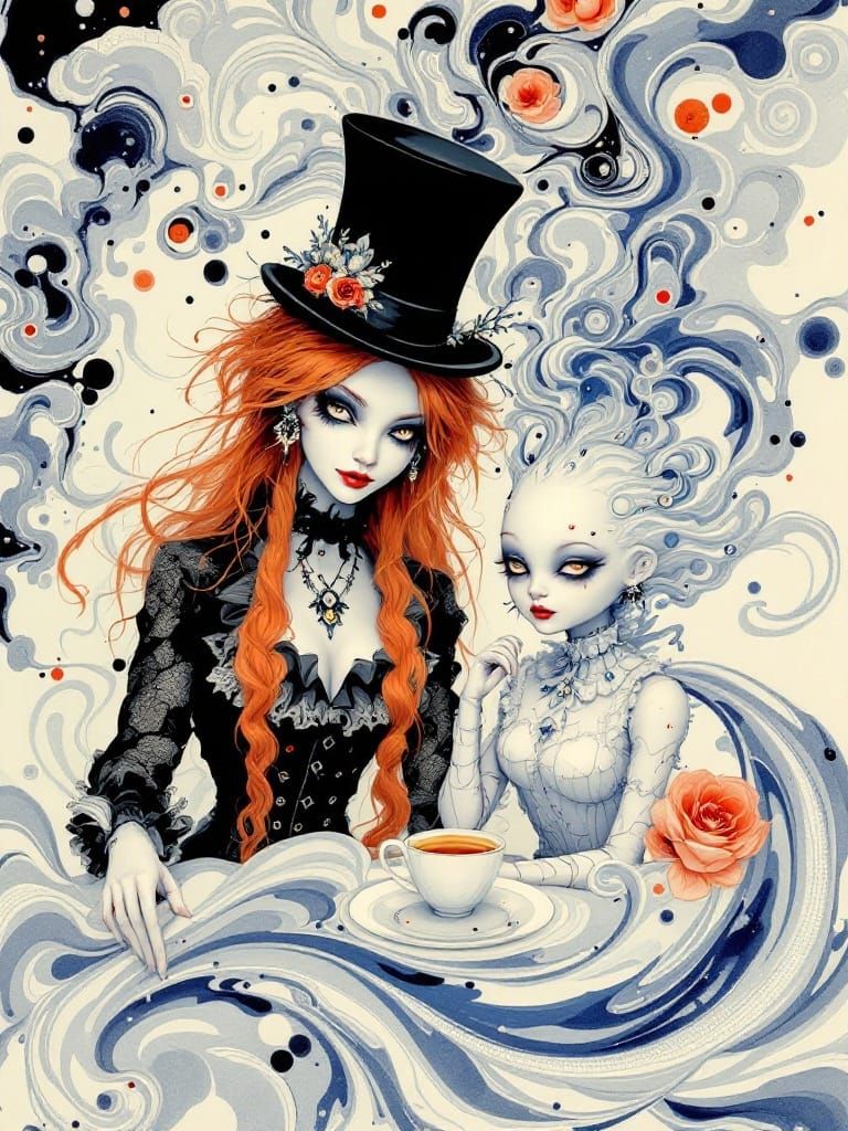 Steam curls from the cup, Two strange maidens dressed in clouds ...