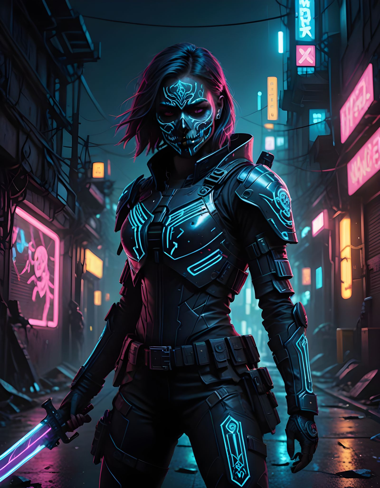 Merc - Glowing Sword Mercenary in Vibrant Sugar Skull Mask