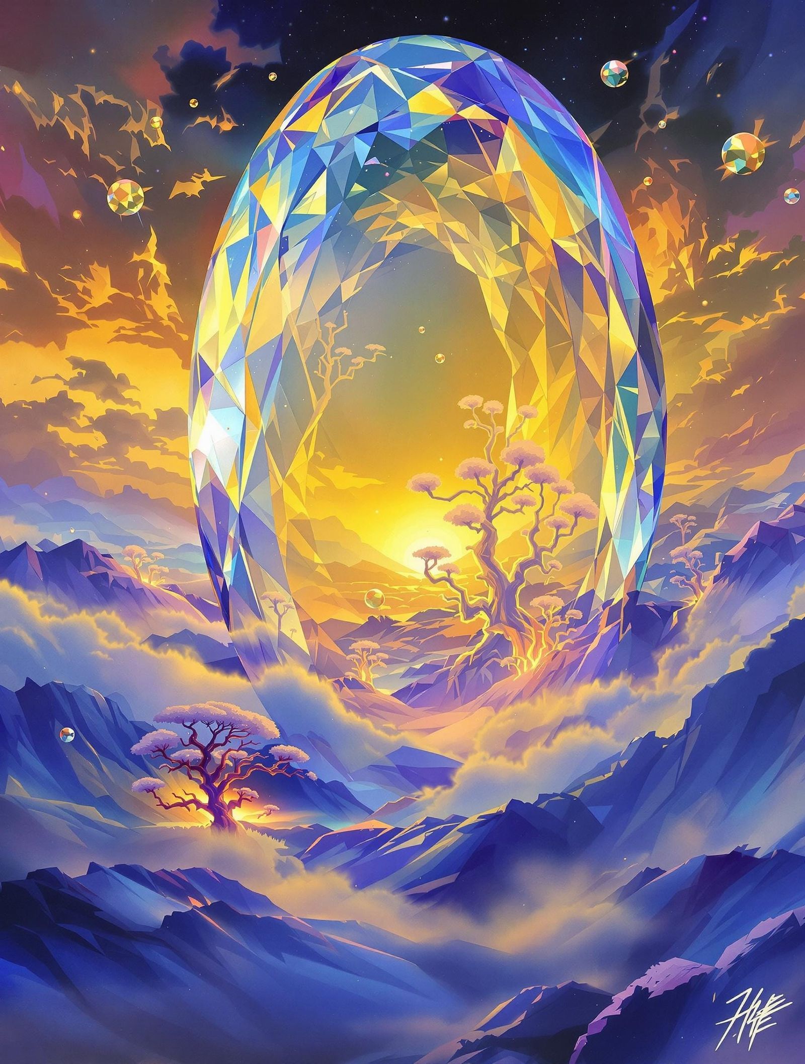 Inside a colossal Sapphire, an ethereal landscape unfurls, with rolling ...