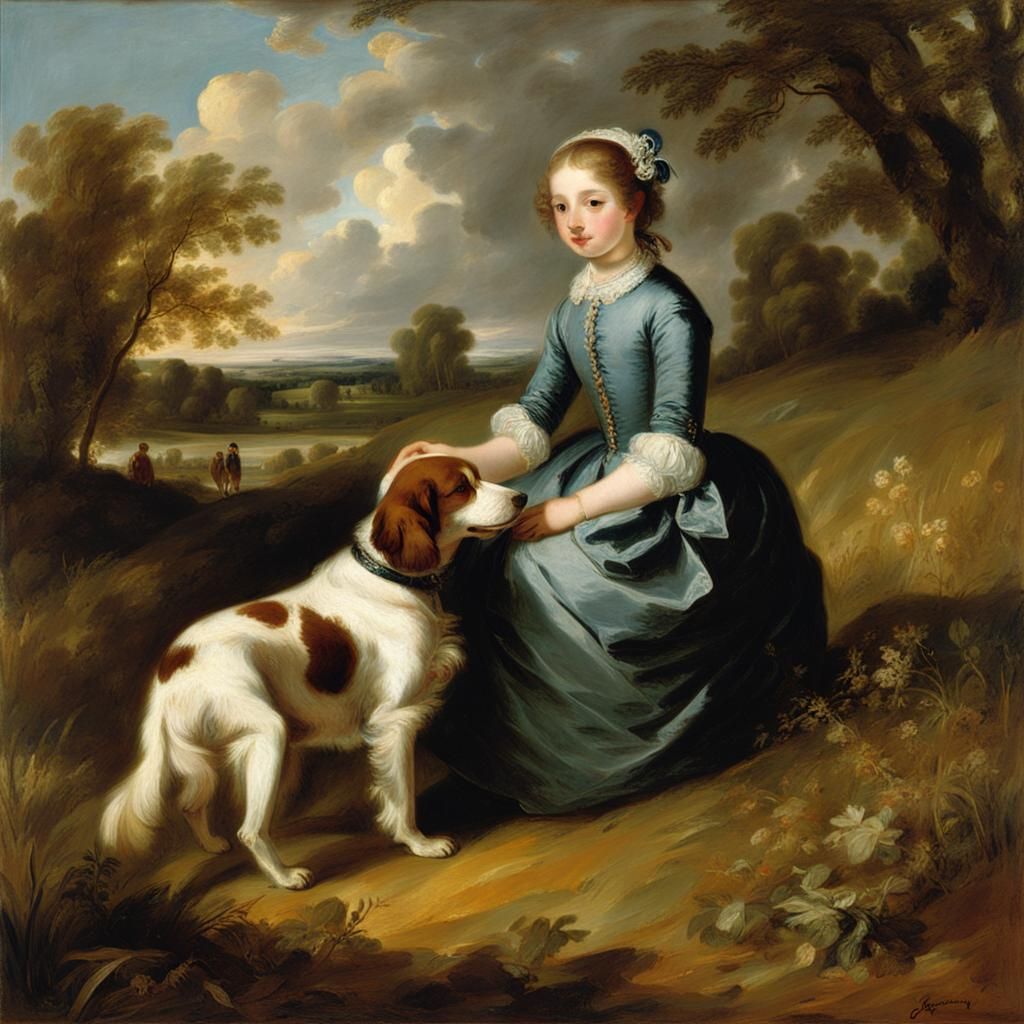 A young girl with her dog in a meadow by Gainsborough - AI Generated ...