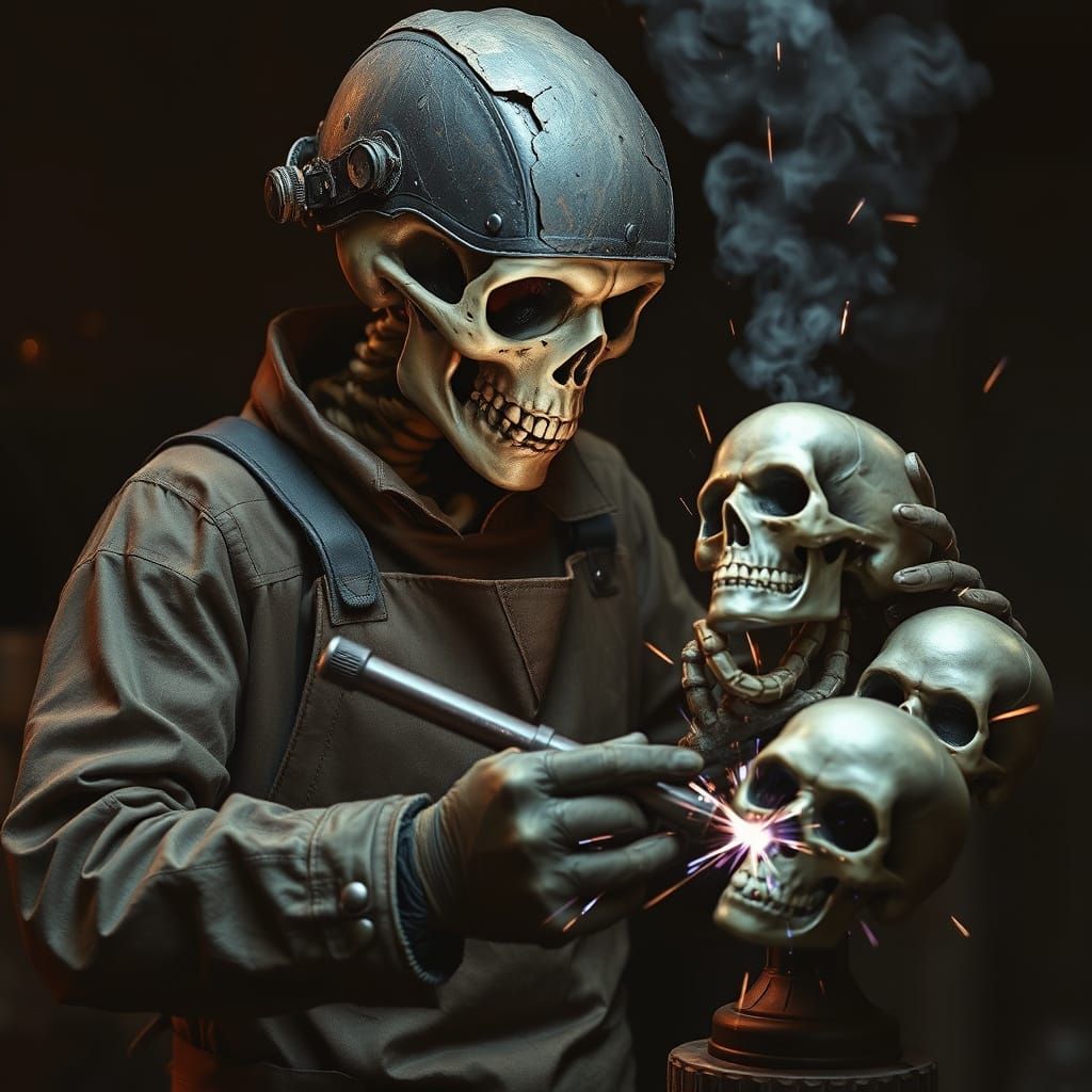Skeleton Welder Focused on Macabre Skull Sculpture... - AI Art
