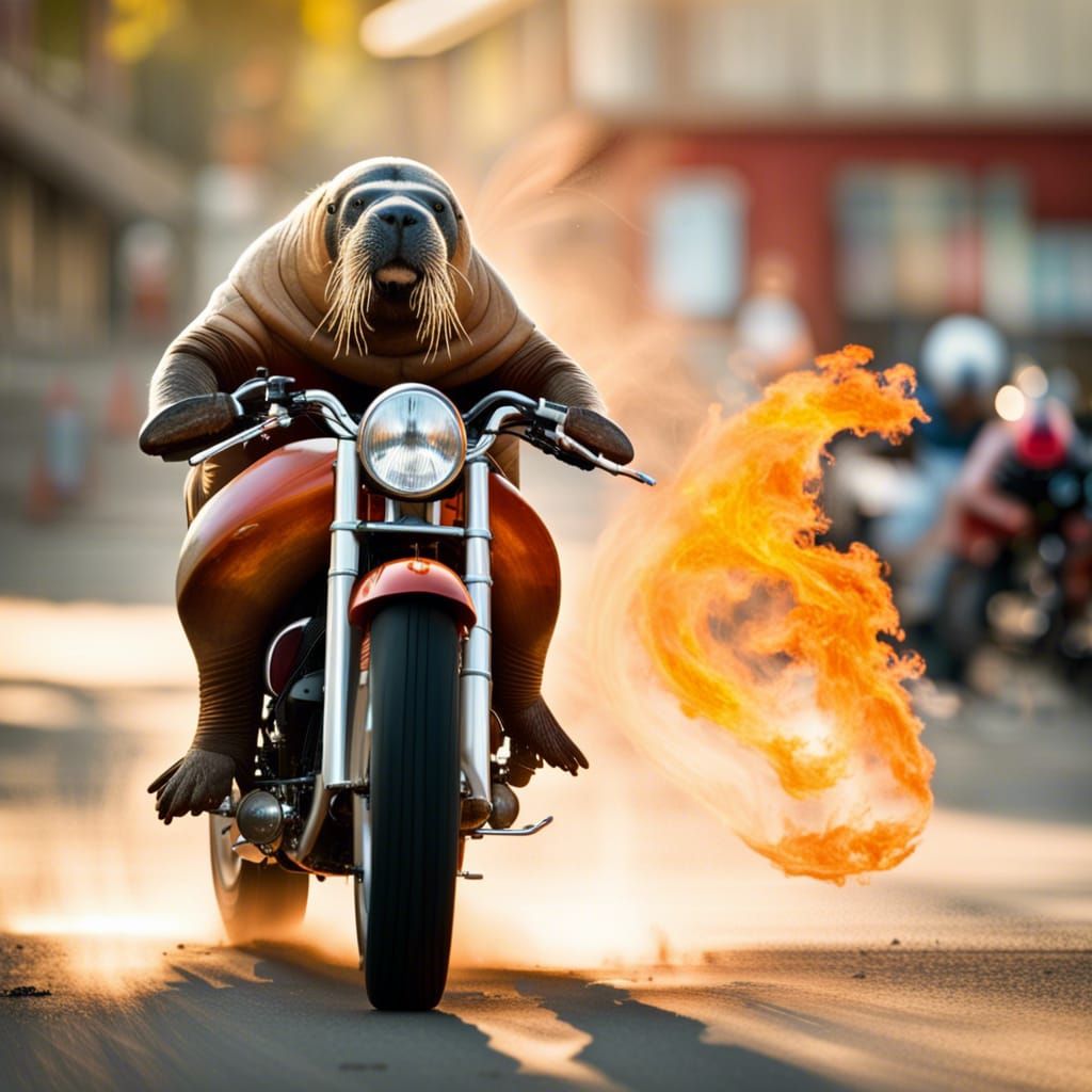 A majestic Walrus jumping a motorcycle through a ring of fire IV - AI ...
