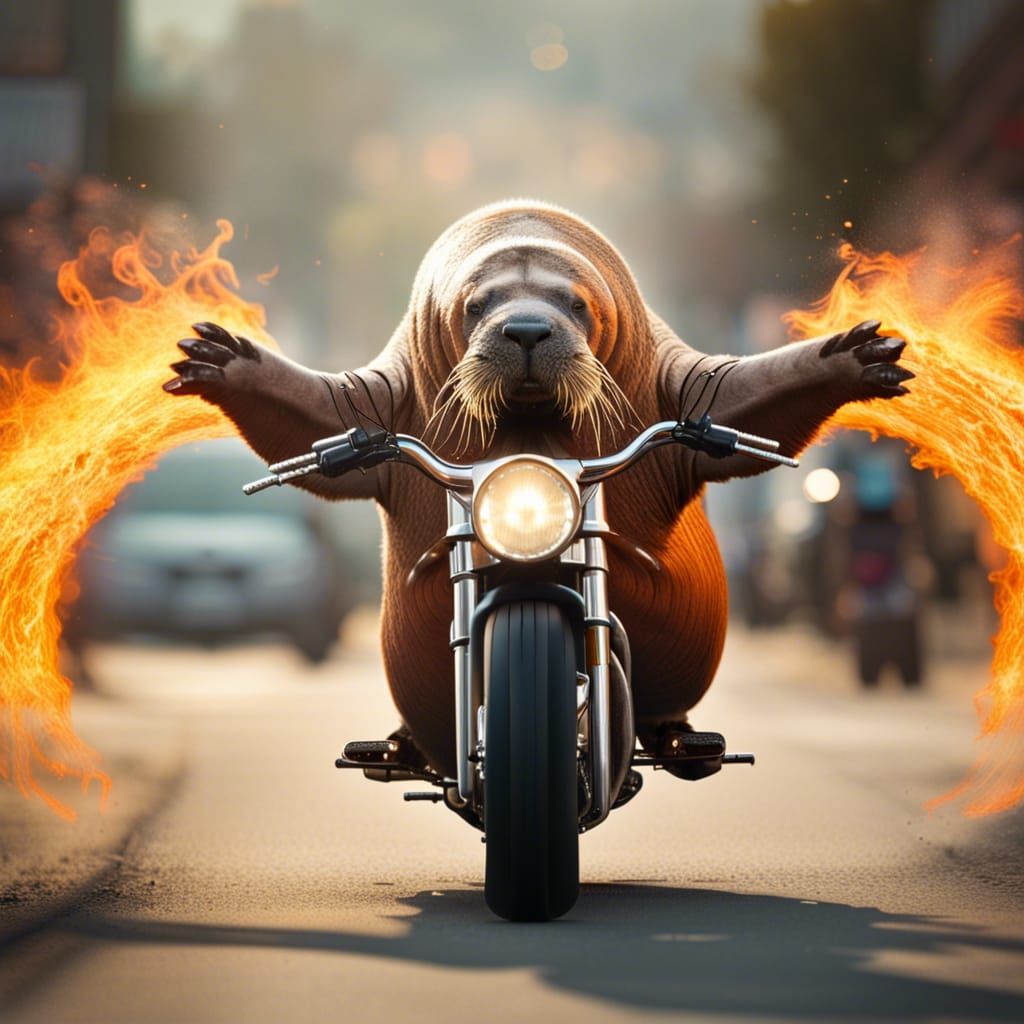 A majestic Walrus jumping a motorcycle through a ring of fire - AI Generated Artwork - NightCafe ...