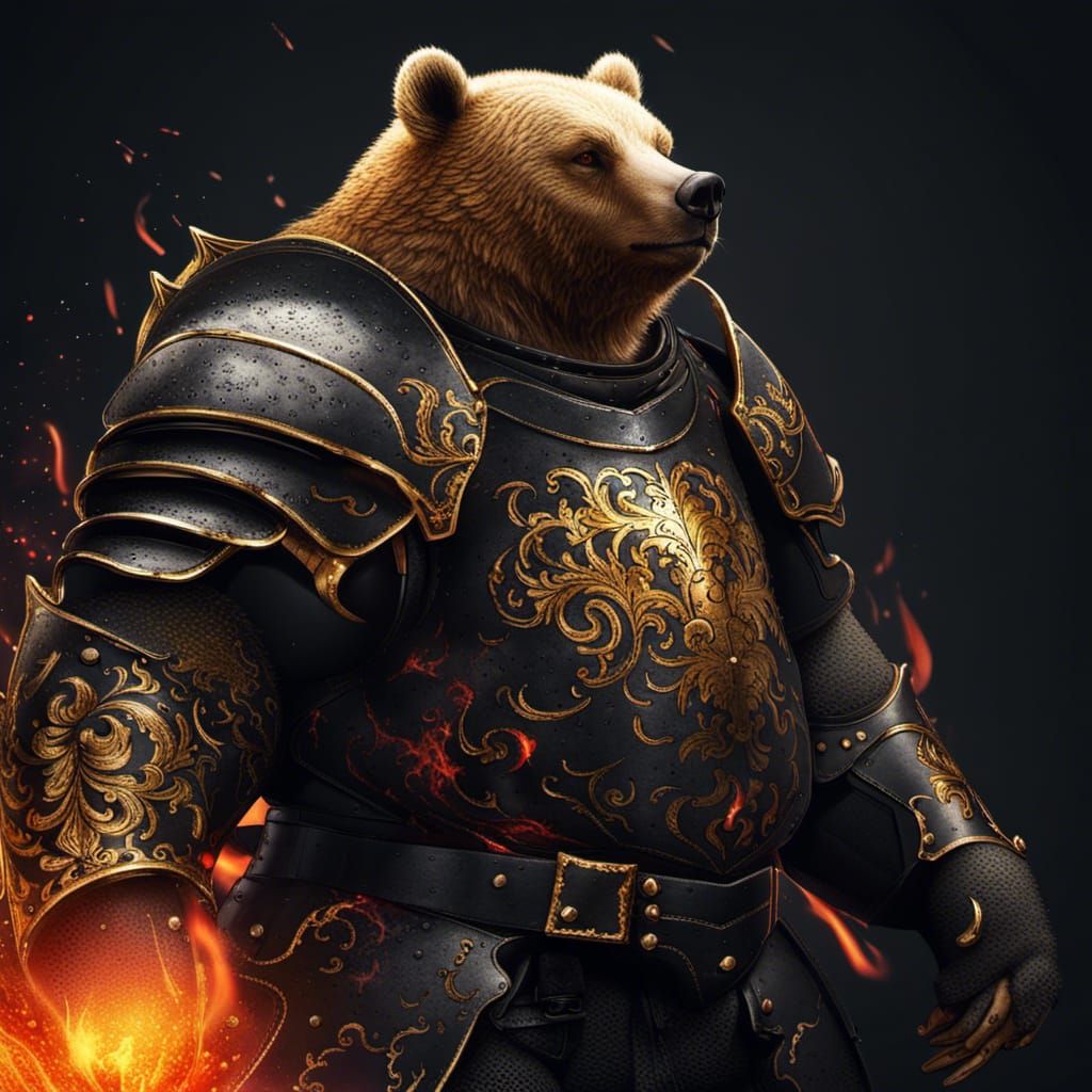 side portrait of an Obese Bear knight wearing black armor gilded with ...