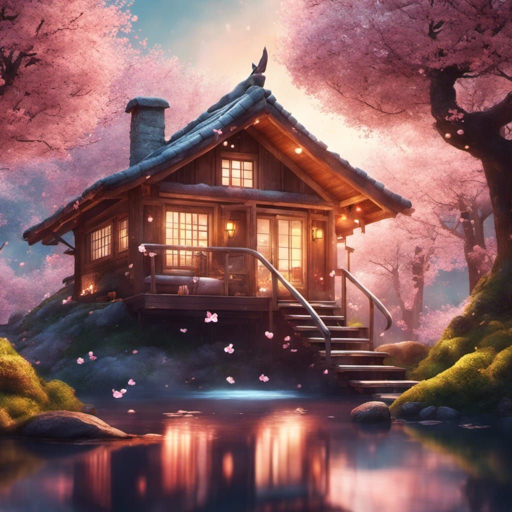 Cabin in a cherry blossom forest - AI Generated Artwork - NightCafe Creator