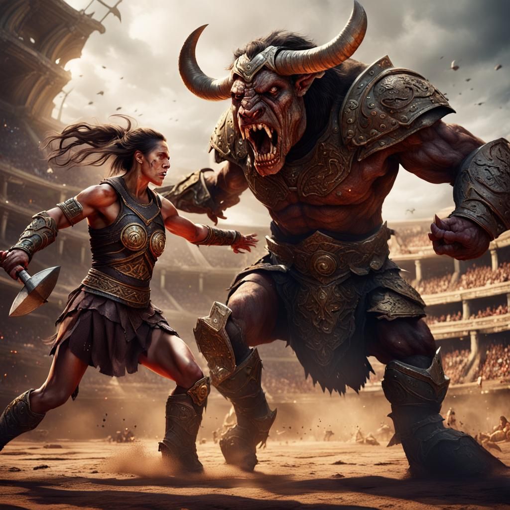 A woman fighting a minotaur in an arena. - AI Generated Artwork ...