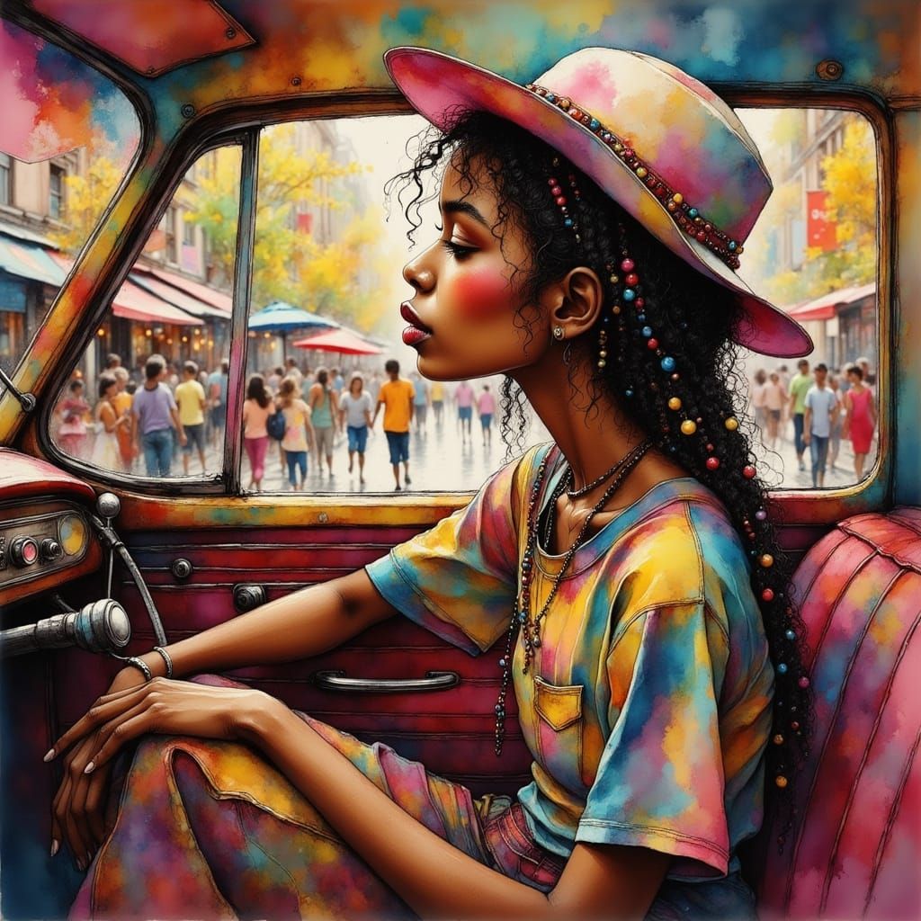 Girl in Car Window, Ernie Barnes Style - AI Art