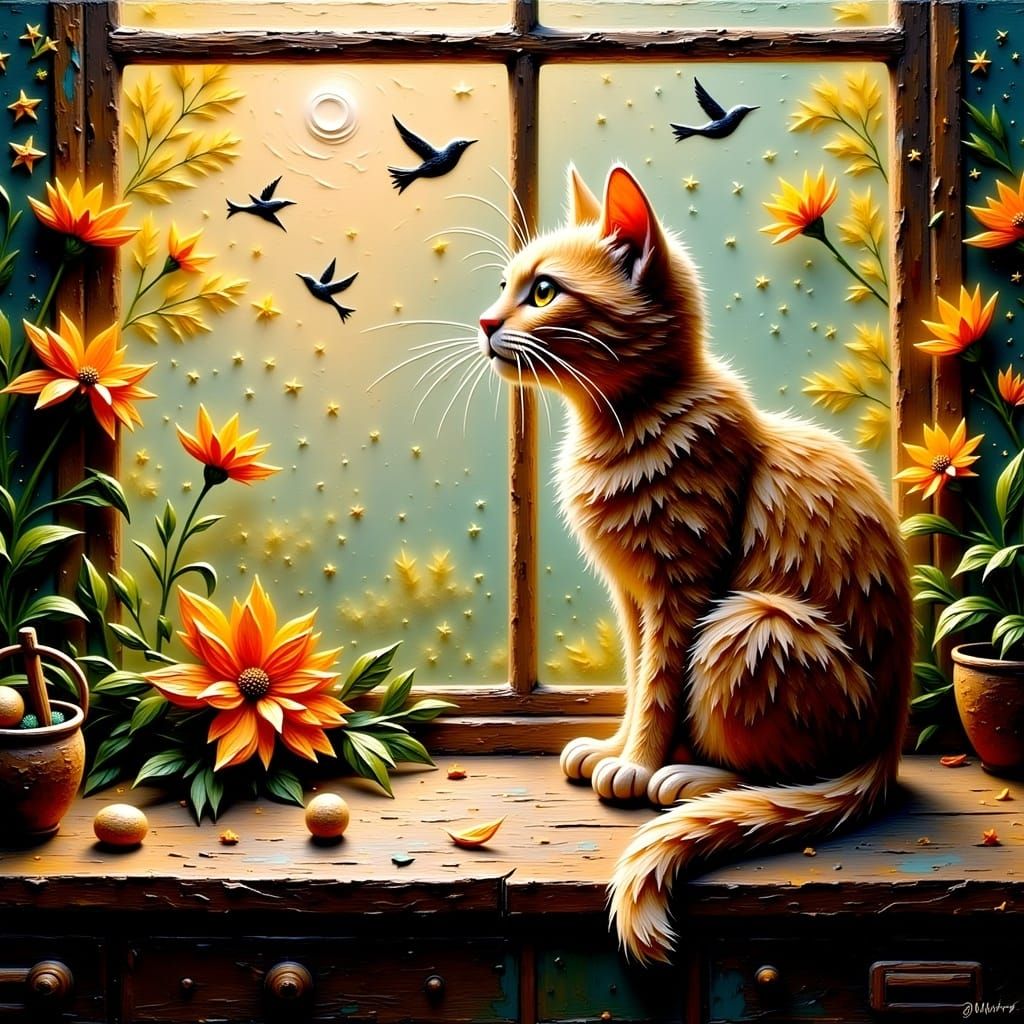 impasto. Cat on a window table looking at birds, intricate details