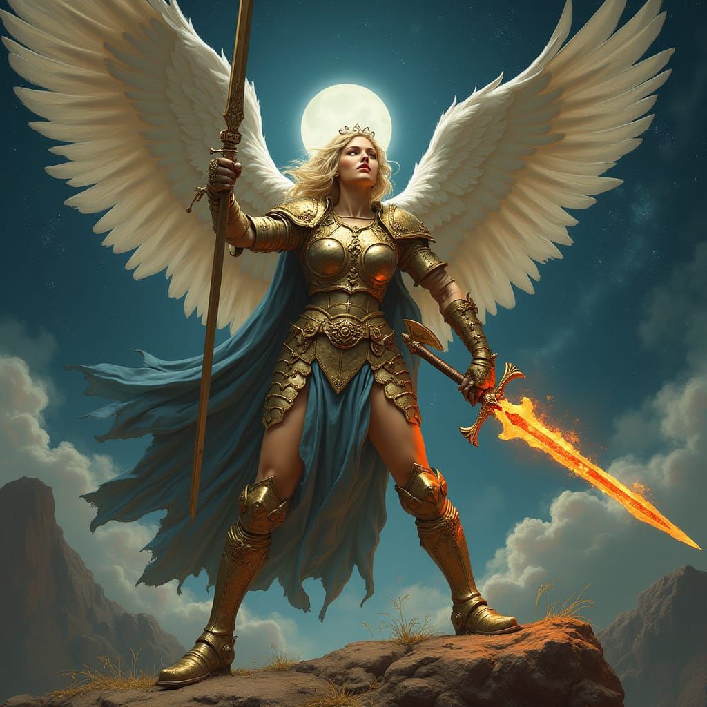 Celestial Warrior Angel Fights Demon in Dramatic S... - AI Art