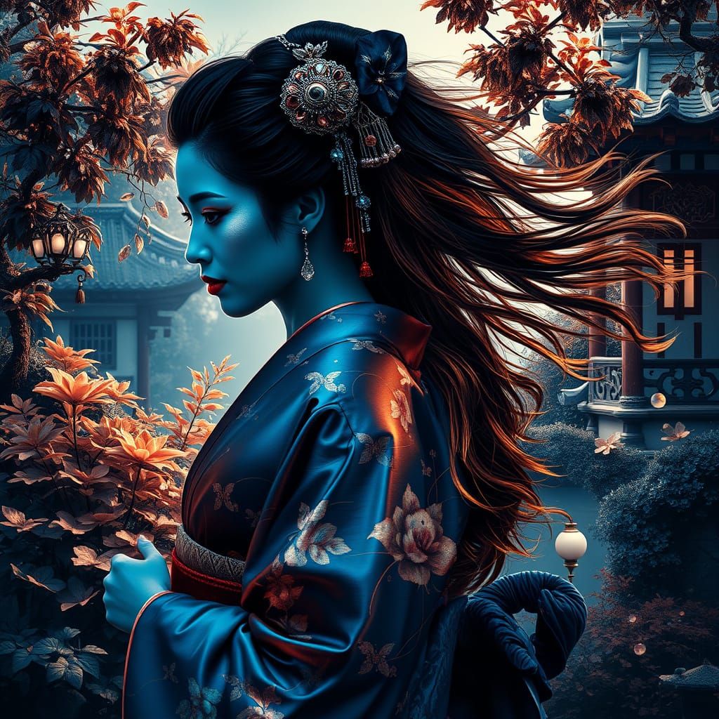 Elegant Geisha in Blue and Brown - Ethereal Geisha in Whimsi...
