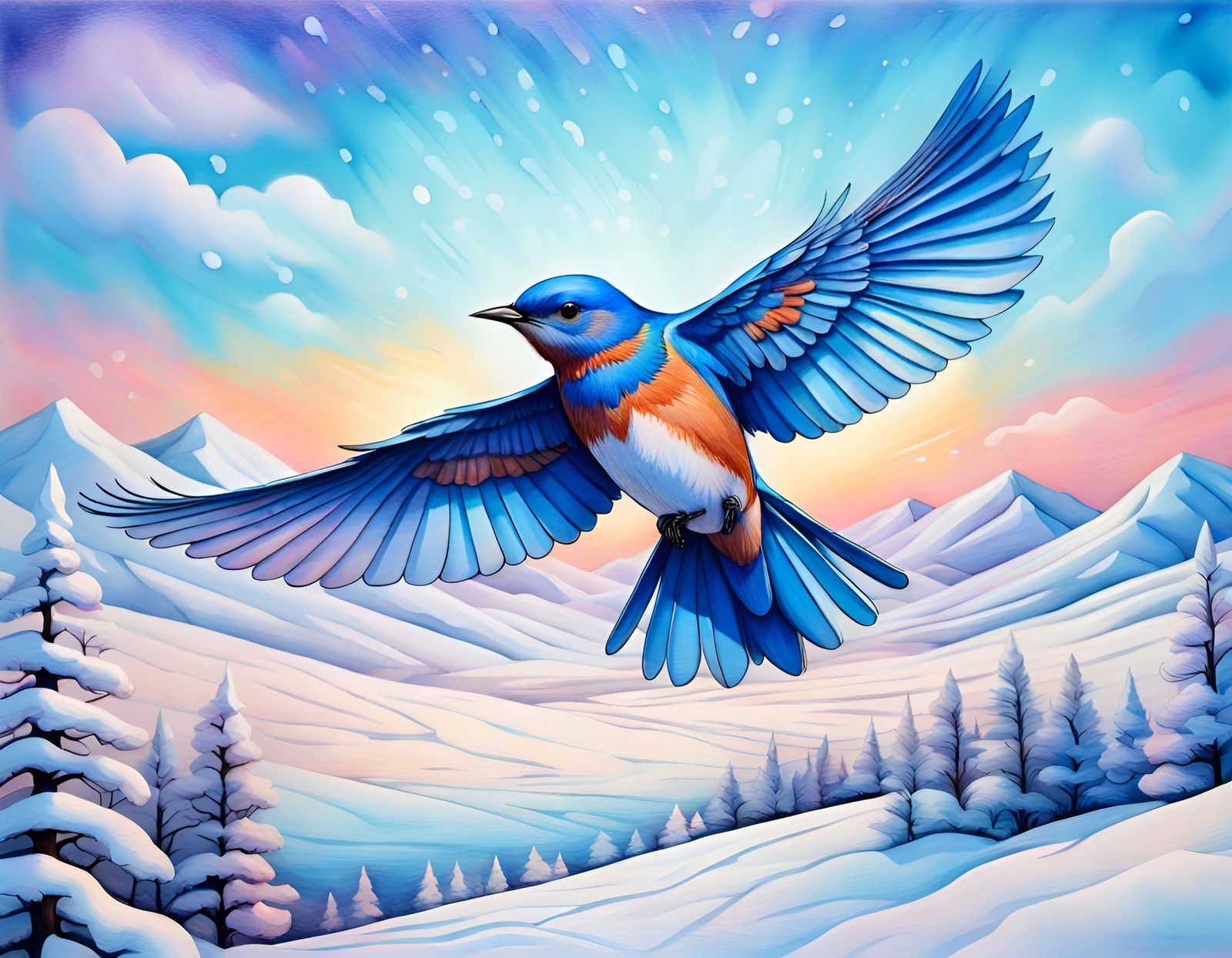 Bluebird flying up in the sky above a snowy landscape, gouache ...