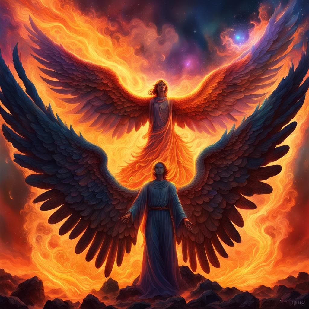 Angels Ushering in a Phoenix Rising from the Fire and Ashes - AI ...
