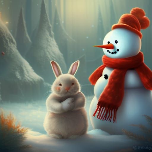Snowman and bunny rabbit detailed matte painting, deep color ...