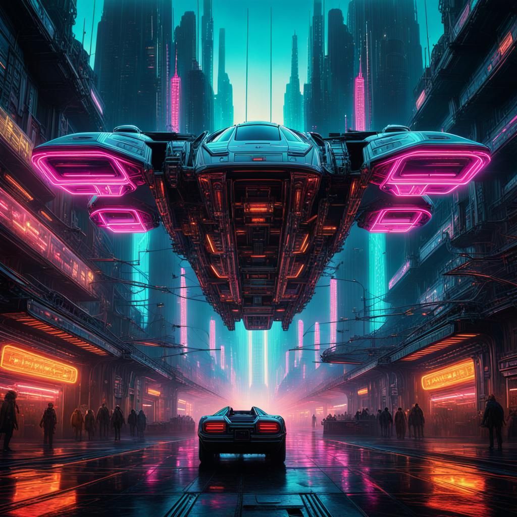 Digital fantasy cinematic neon art of "flying futuristic vehicles ...