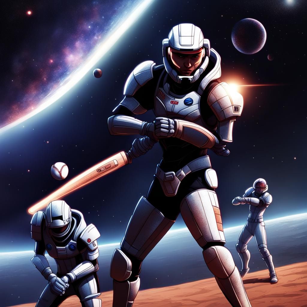 mass effect characters playing baseball, in space, stars, dark sky ...