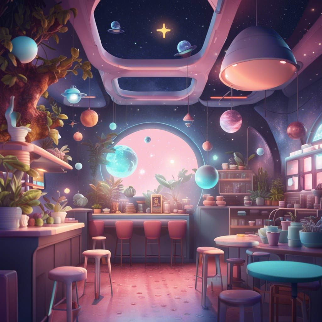 Cute Coffee shop in space, pastel colors, stars, aliens, plants ...