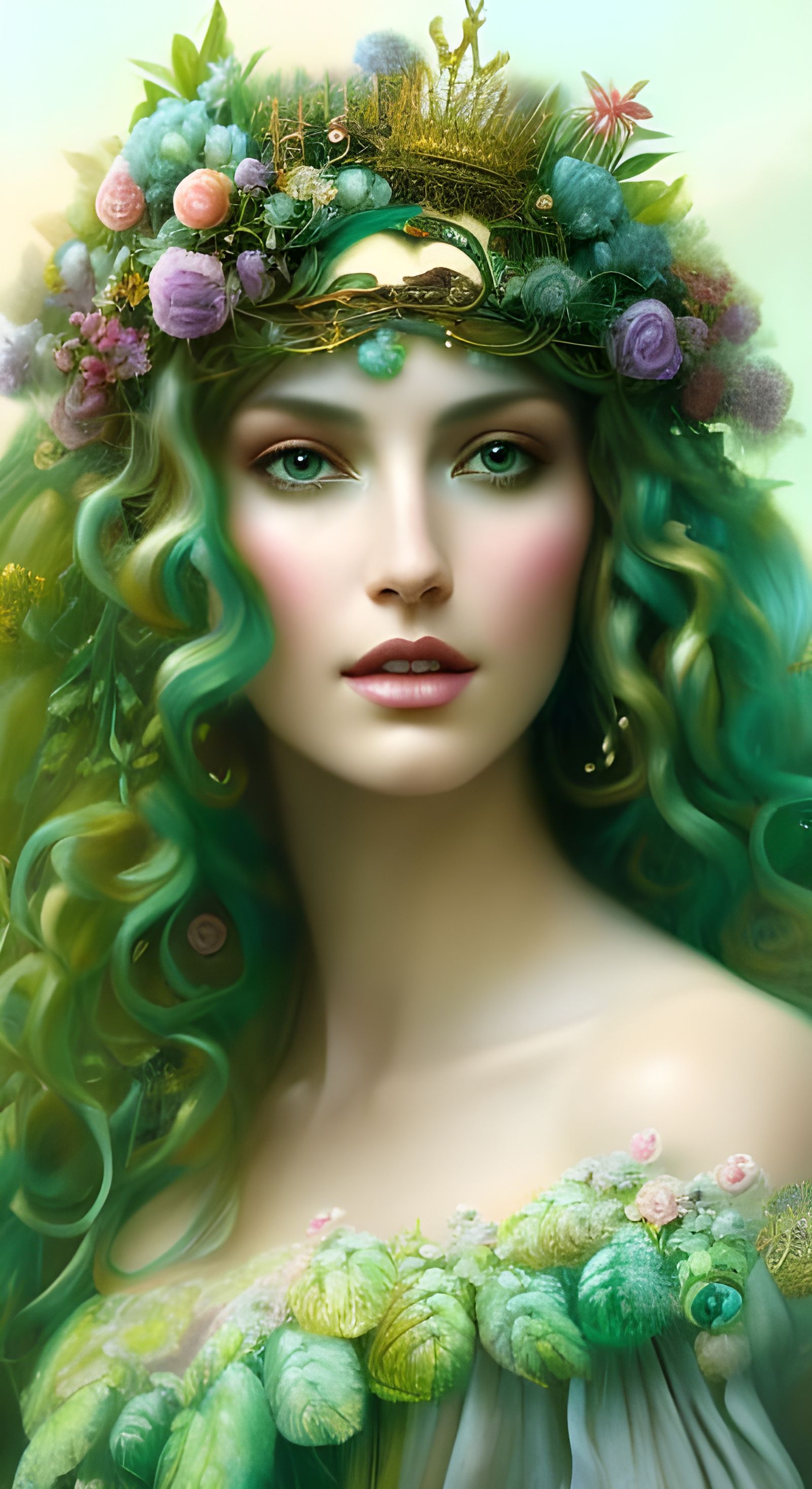 Portrait Of a Hippie queen surrounded by Plants And Flowers art by Ross ...