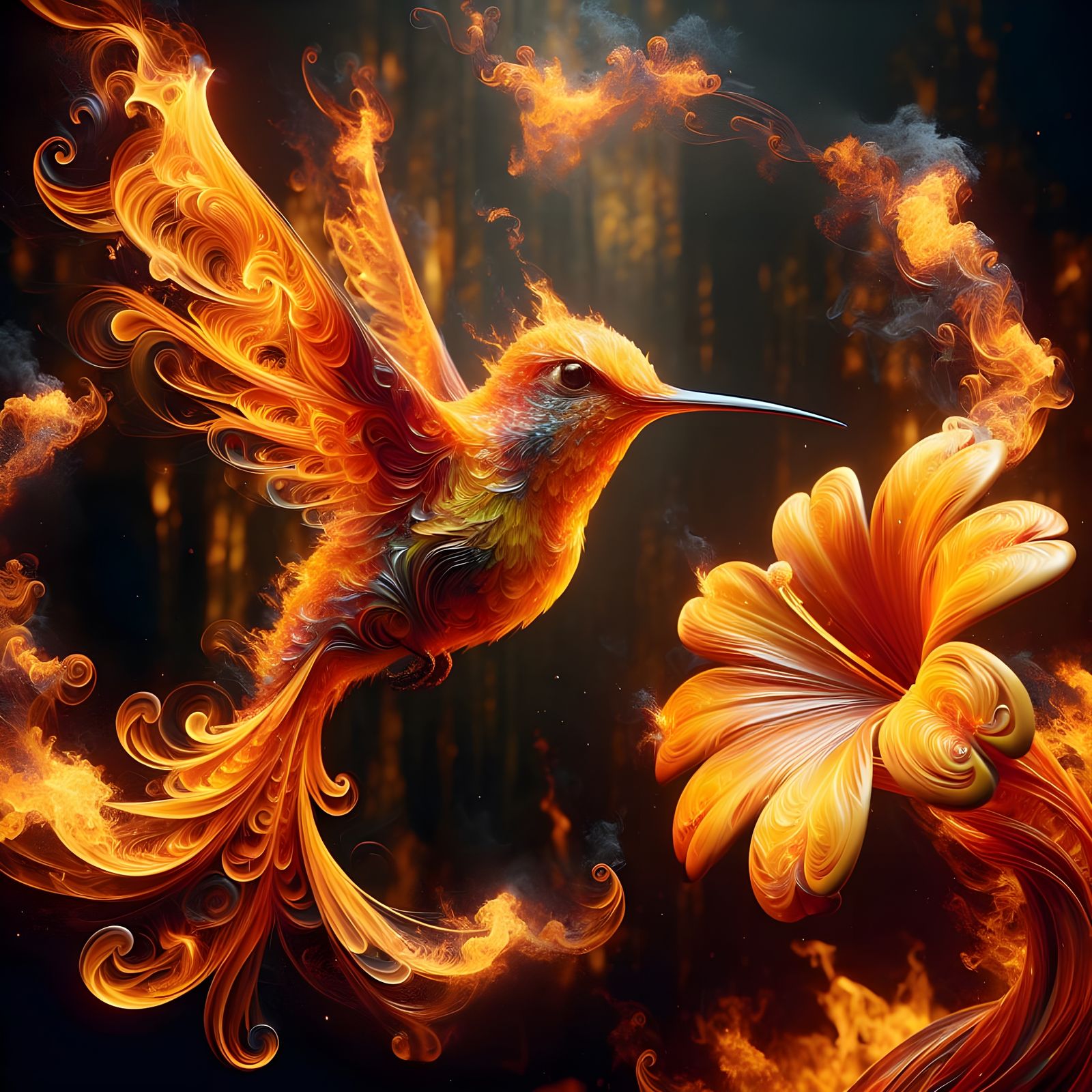 Fiery Hummer - Vibrant Hummingbird in a Blazing Floral Scene