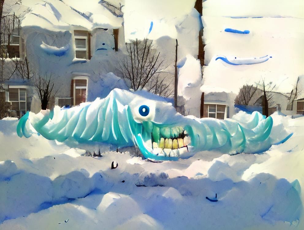 A giant ice worm emerges from the snow, teeth bared, looking for food ...