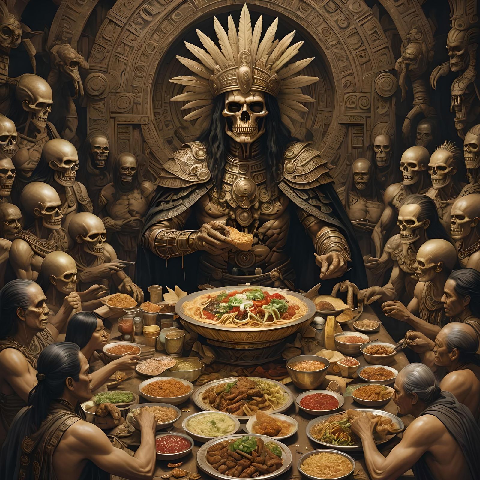 Anachronistic scene where people offer Mexican food to the king of ...