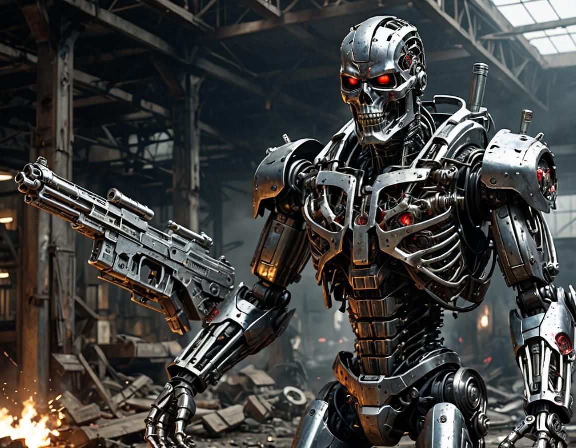 a T-600 terminator has been sent back in time to fight. Its metallic ...