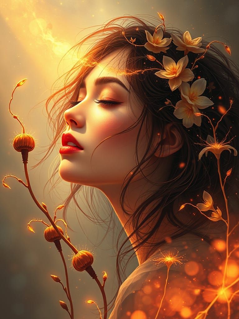light flower tendrils woman artwork